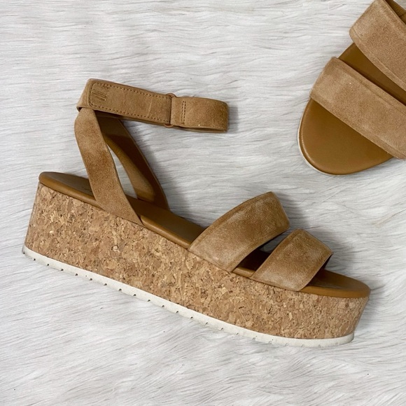 Vince | Shoes | Vince Tan Suede Leather Open Toe Jet Ankle Strap Cork ...